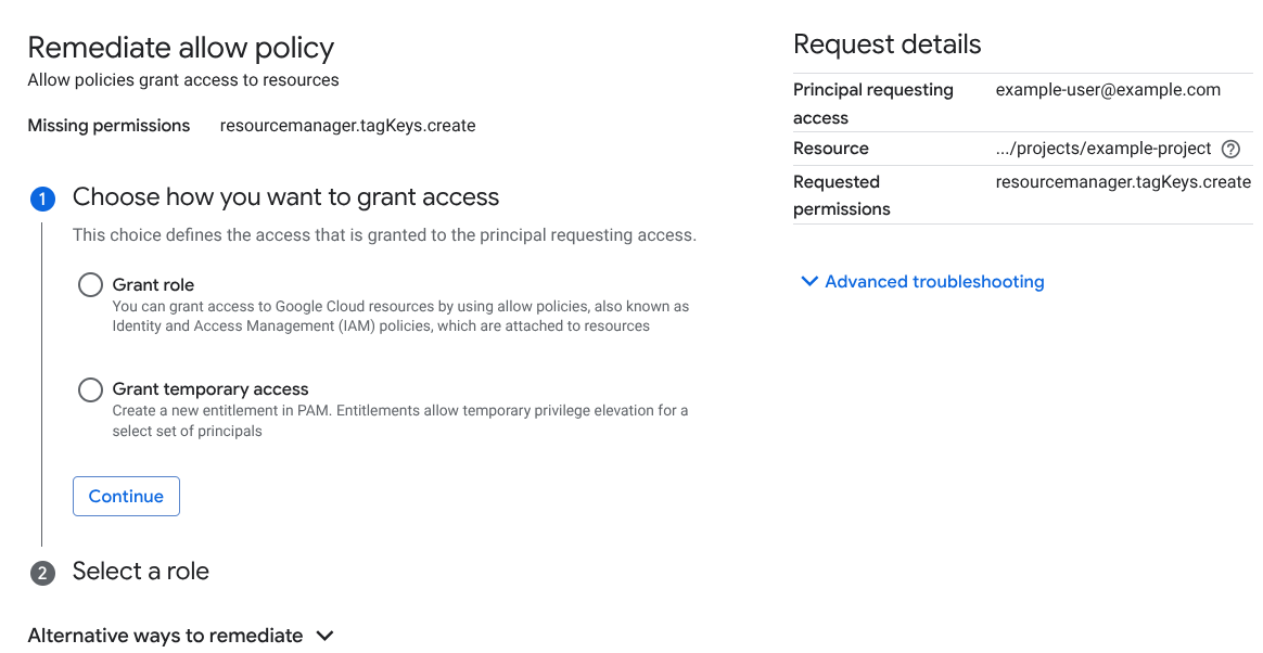 Remediate access issues | Policy Intelligence | Google Cloud Documentation