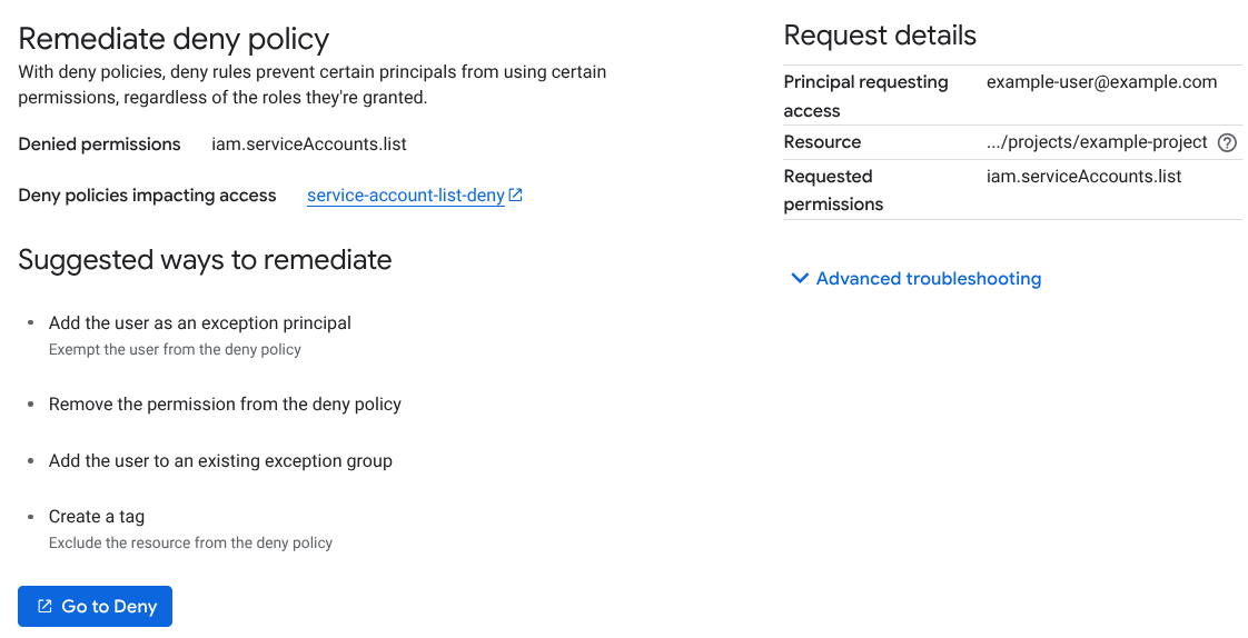Remediate access issues | Policy Intelligence | Google Cloud Documentation